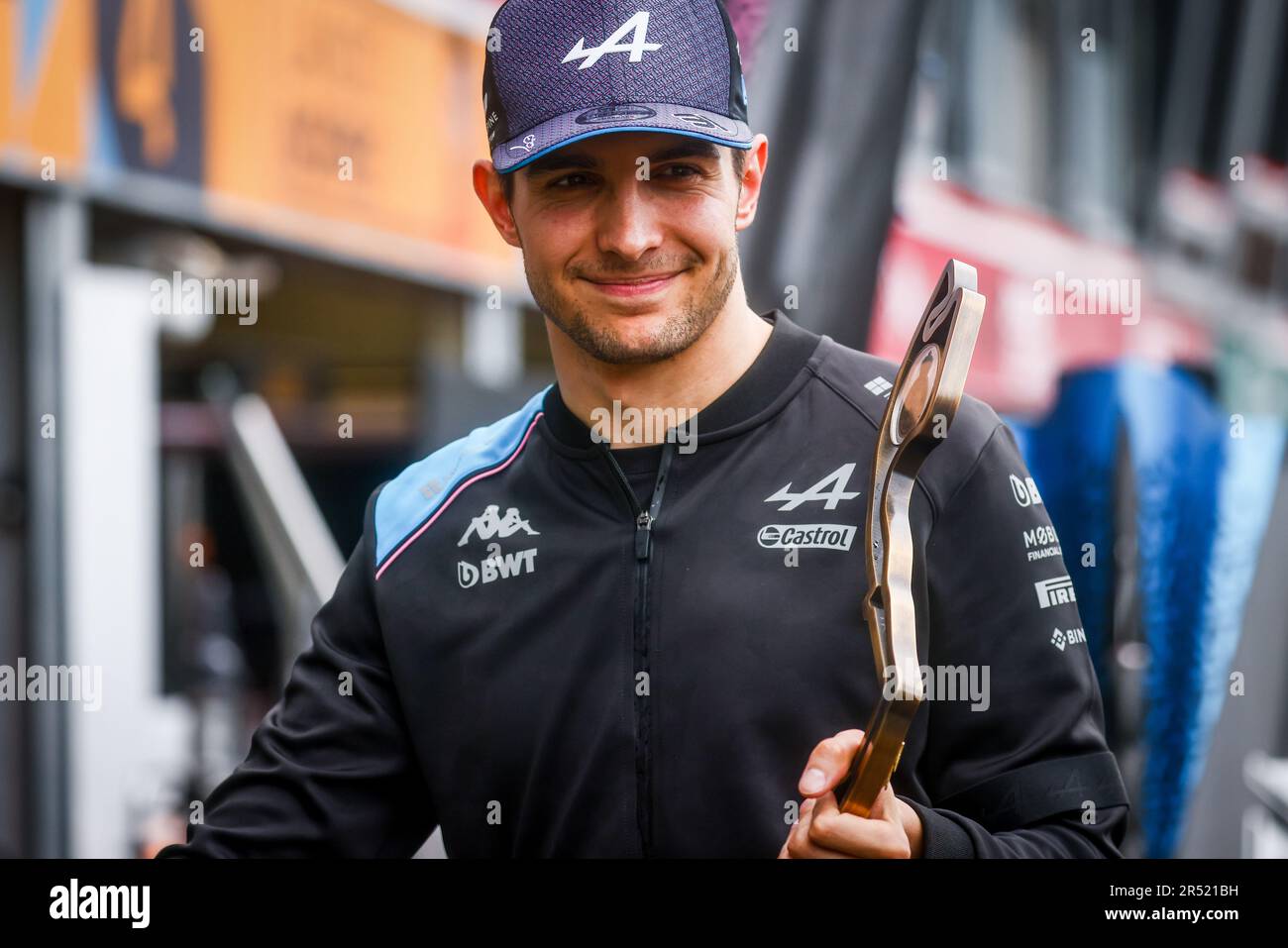 Esteban Ocon of Alpine is seen with the trophy after the F1 Grand Prix ...
