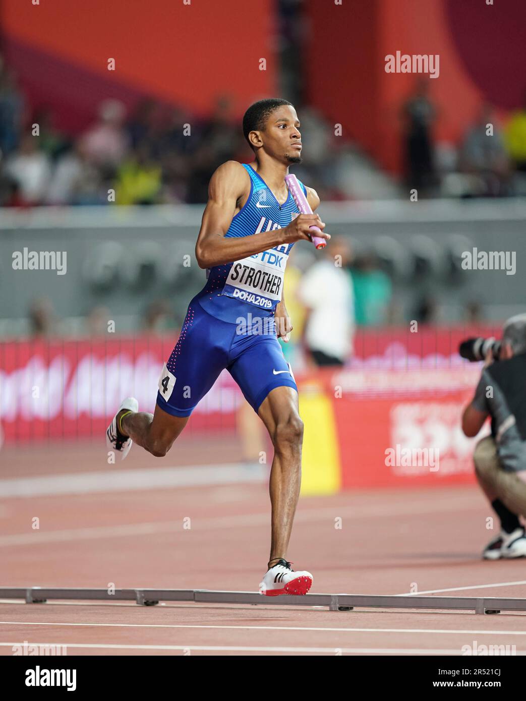 Nathan STROTHER running the 4x400m relay at the 2019 World Athletics ...