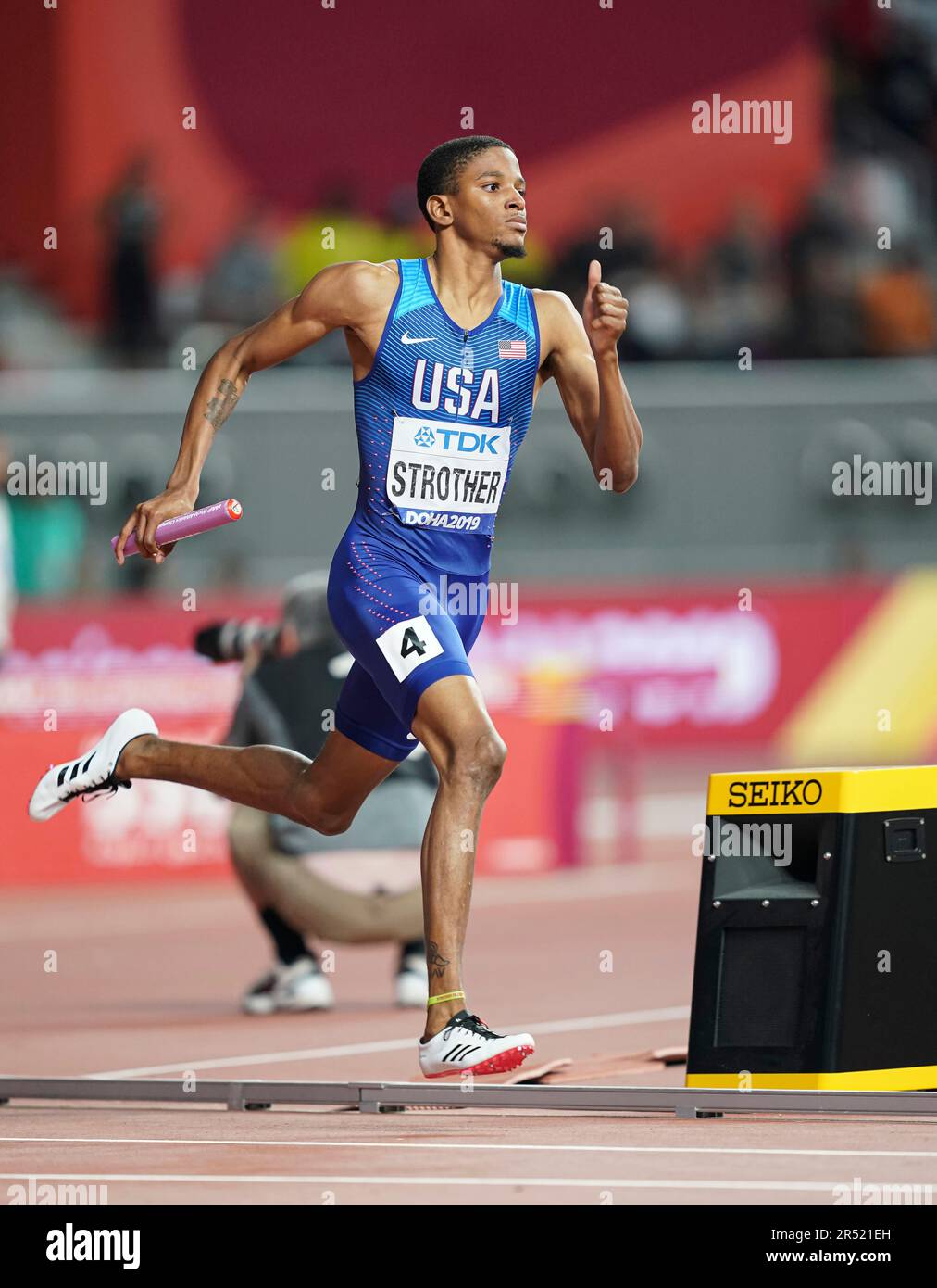 Nathan STROTHER running the 4x400m relay at the 2019 World Athletics ...