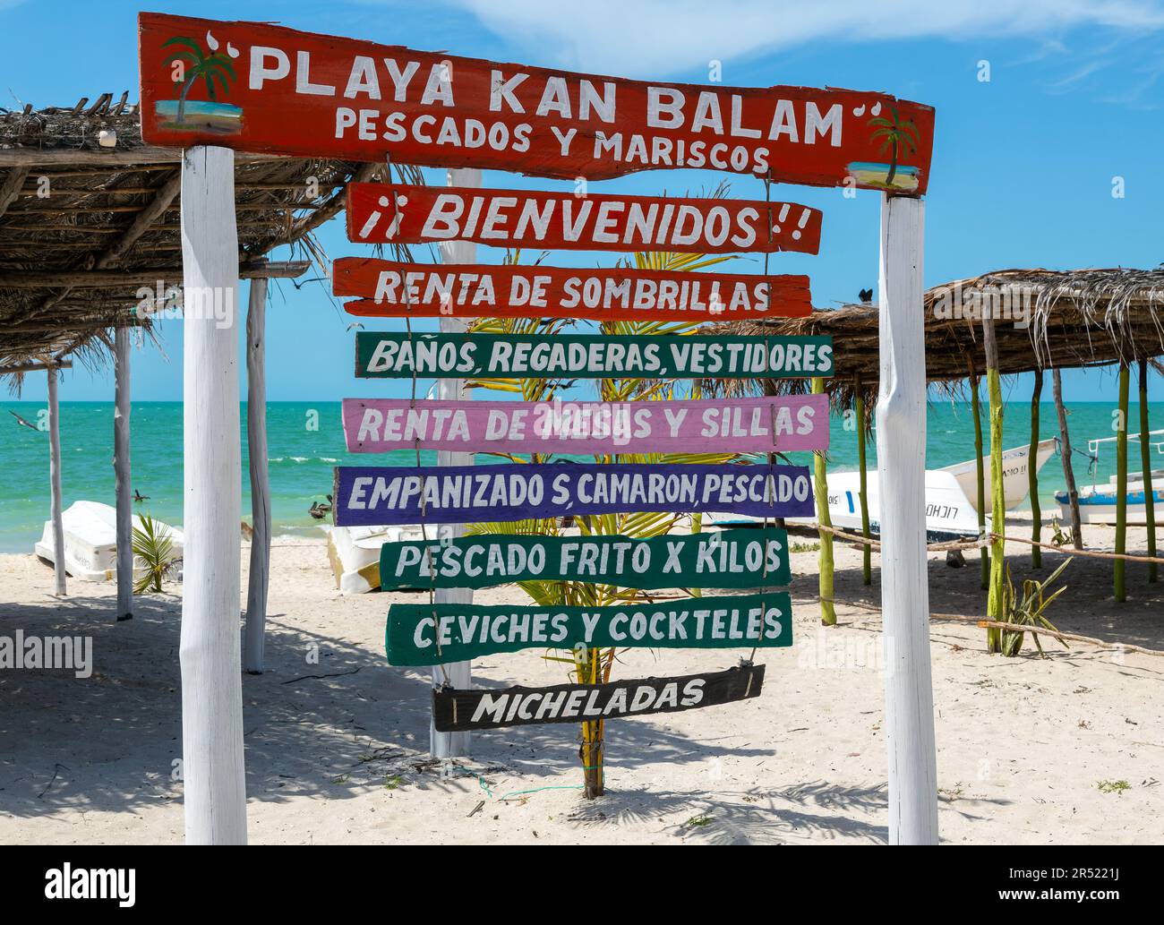 Painted wooden beach signs at Playa Kan Balam, Celestun, Yucatan ...