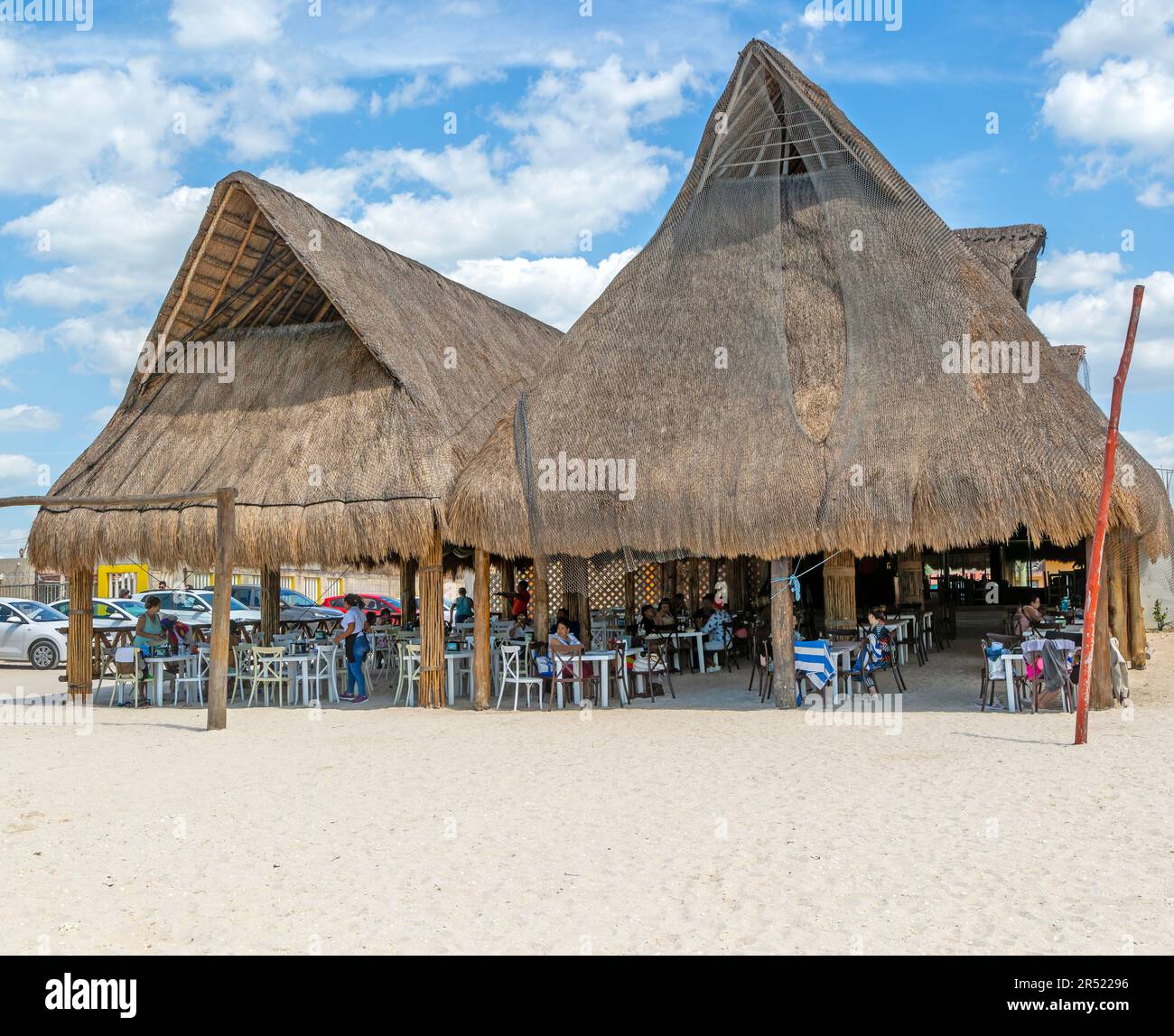 Thatched palapa building for Los Pampanos seaside restaurant. Celestun ...