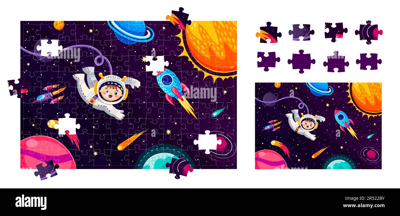 Cartoon space landscape and astronaut. Jigsaw puzzle game pieces ...