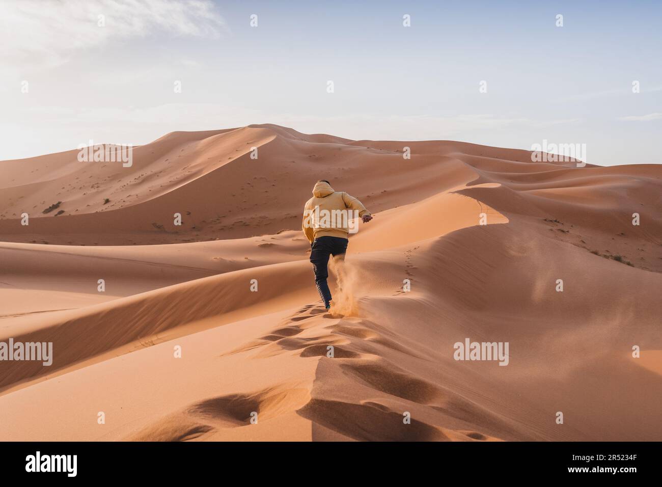 Back view of unrecognizable tourist running on sand dune and admiring ...