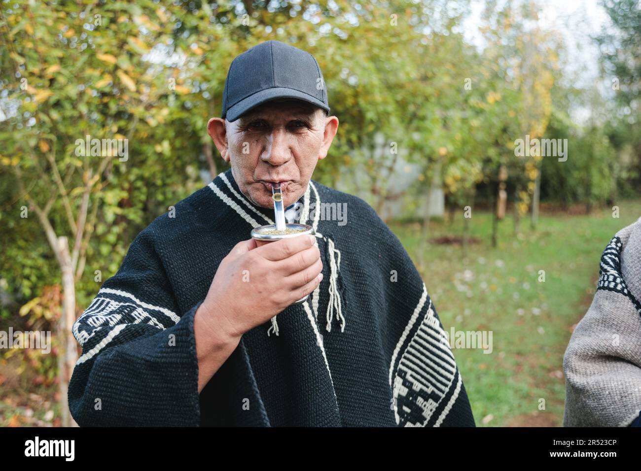 Serious elderly male wearing Mapuche knitted clothing and cap looking ...