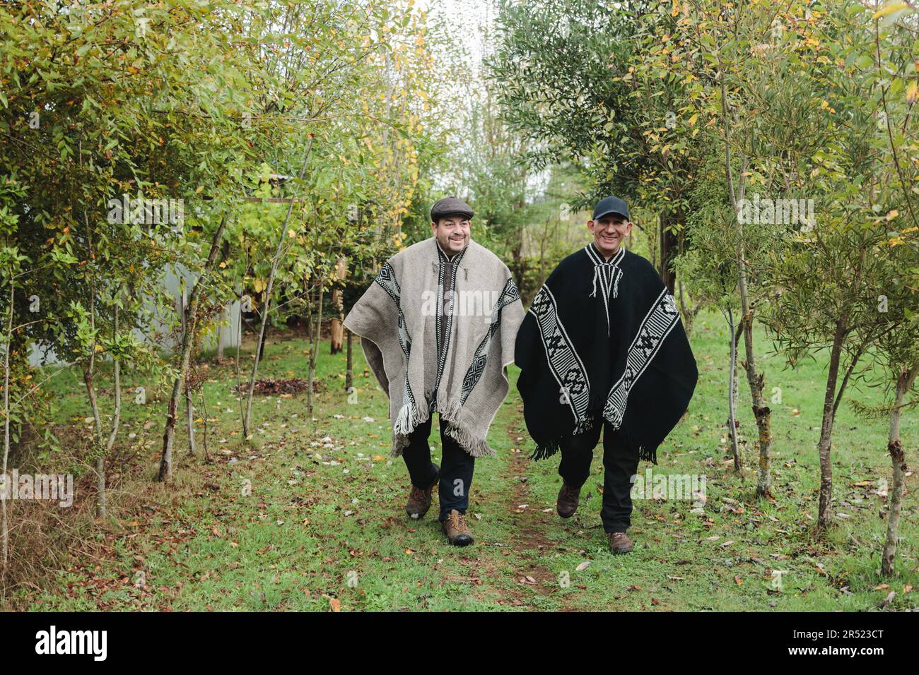 Full body of positive elderly male friends in Mapuche clothing smiling ...