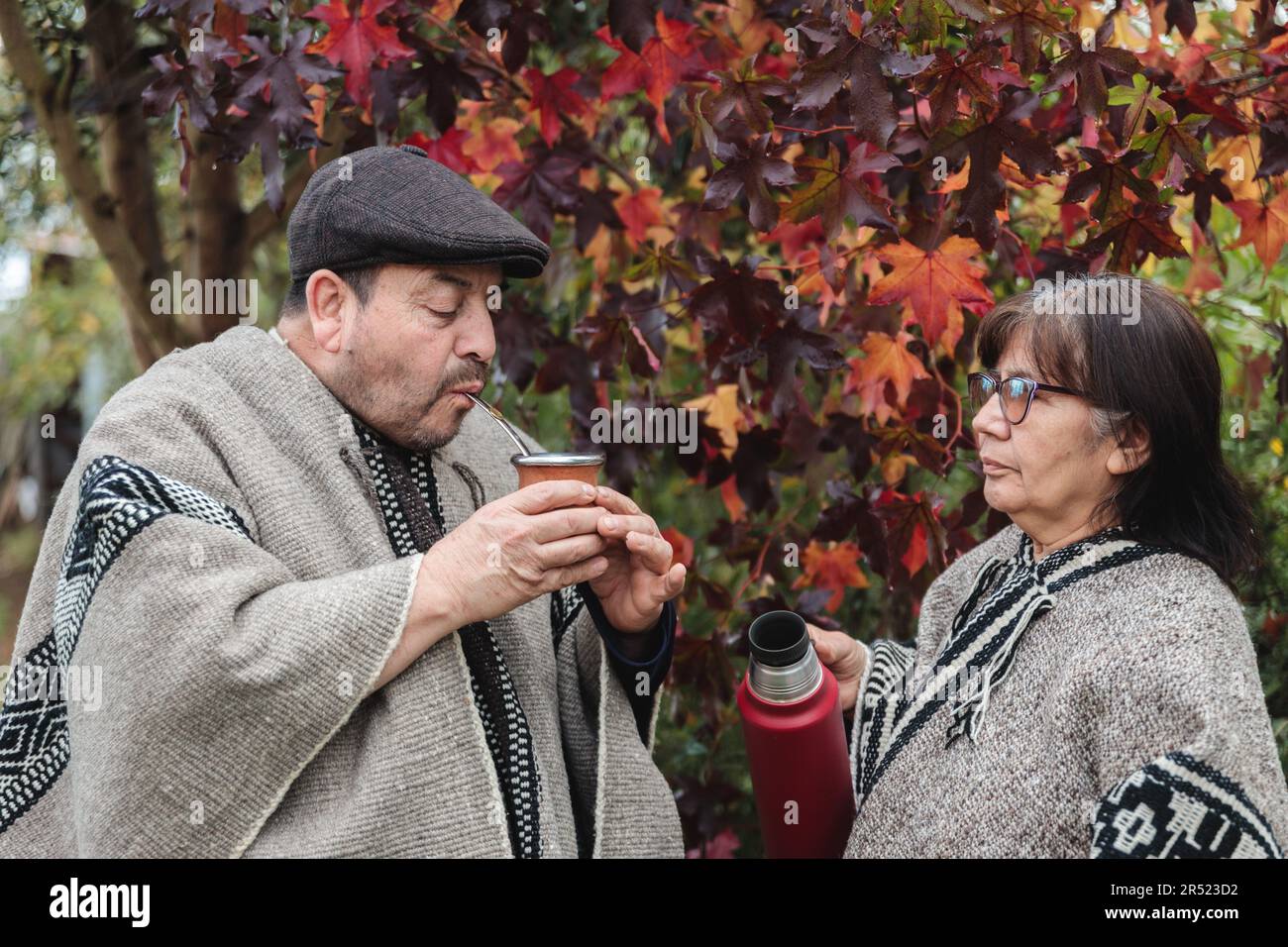 Serious mature couple in traditional Mapuche clothes with thermos and ...