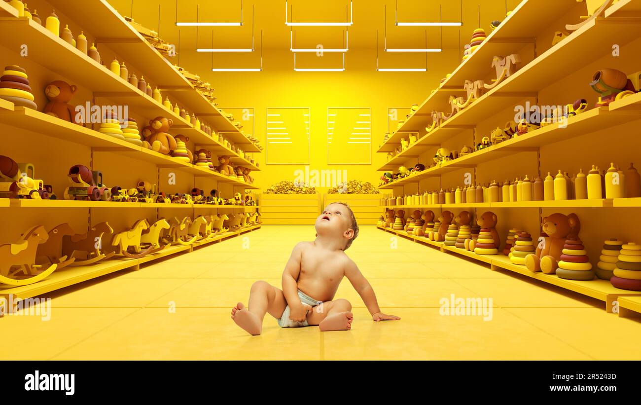 Portrait of little boy in diaper standing alone over 3D model of ...