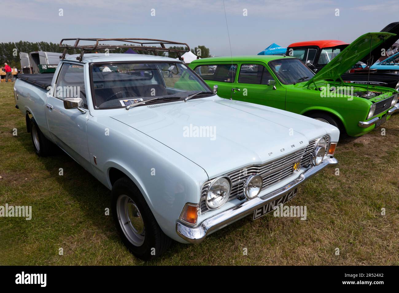 Three-quarter front view of a Blue, 1973, Mk III, Ford Cortina Pick-up ...
