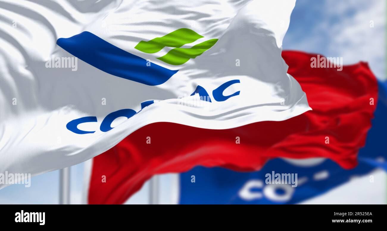 Shanghai, CH, May 2023: Flags of Comac and China waving in the wind ...