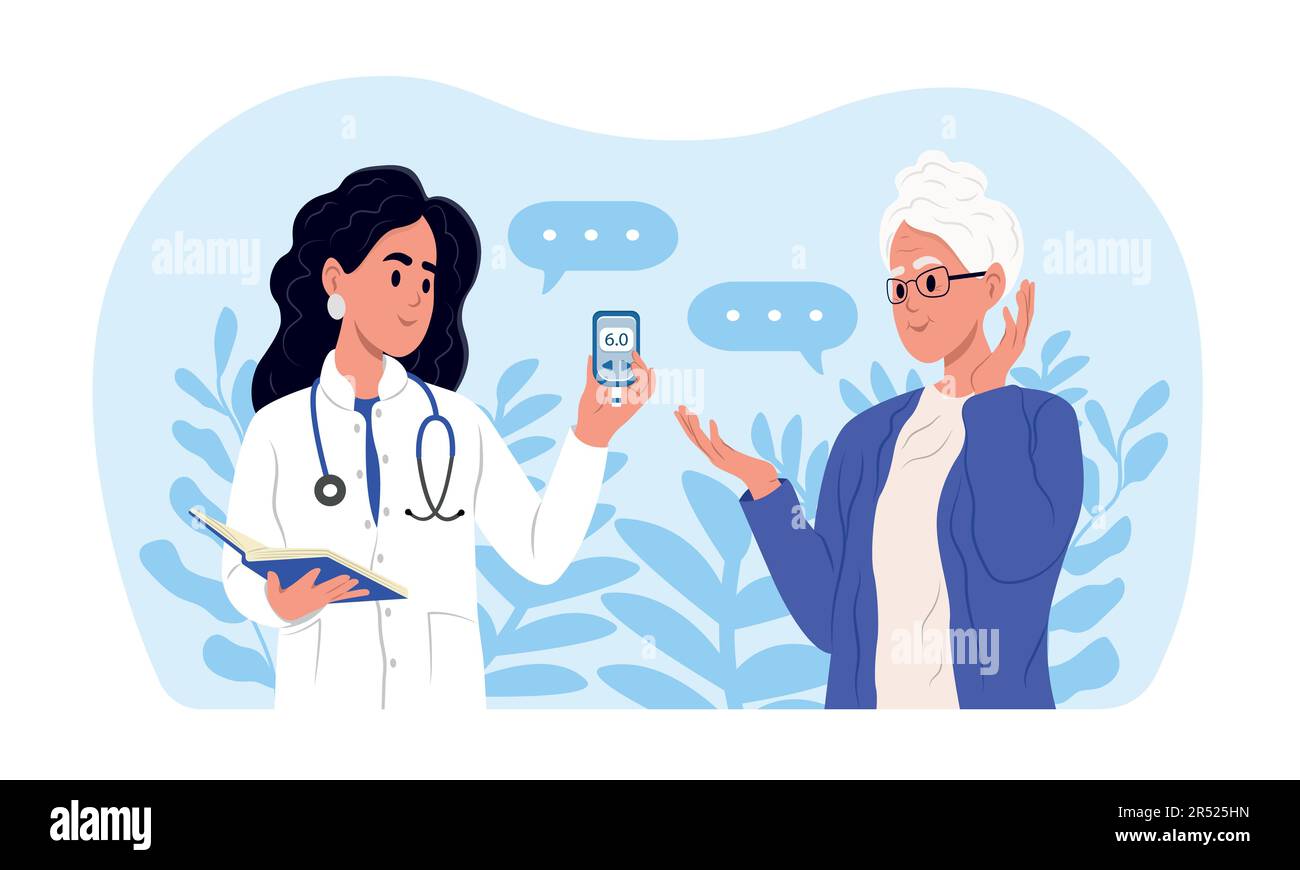 World Diabetes Day banner. A young smiling female doctor measures the ...