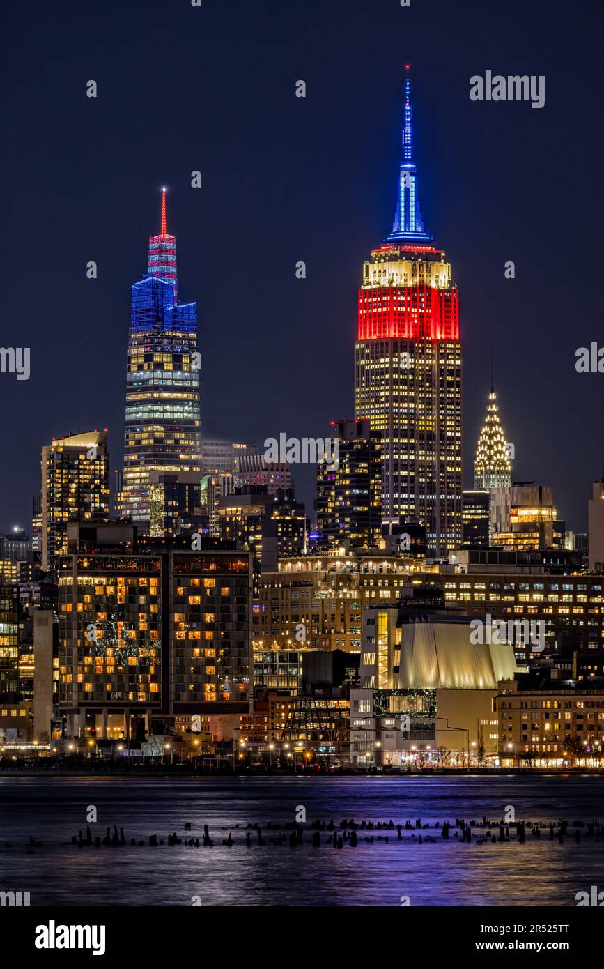 The NYC skyline all lit up tonight in red, white, and blue for ...