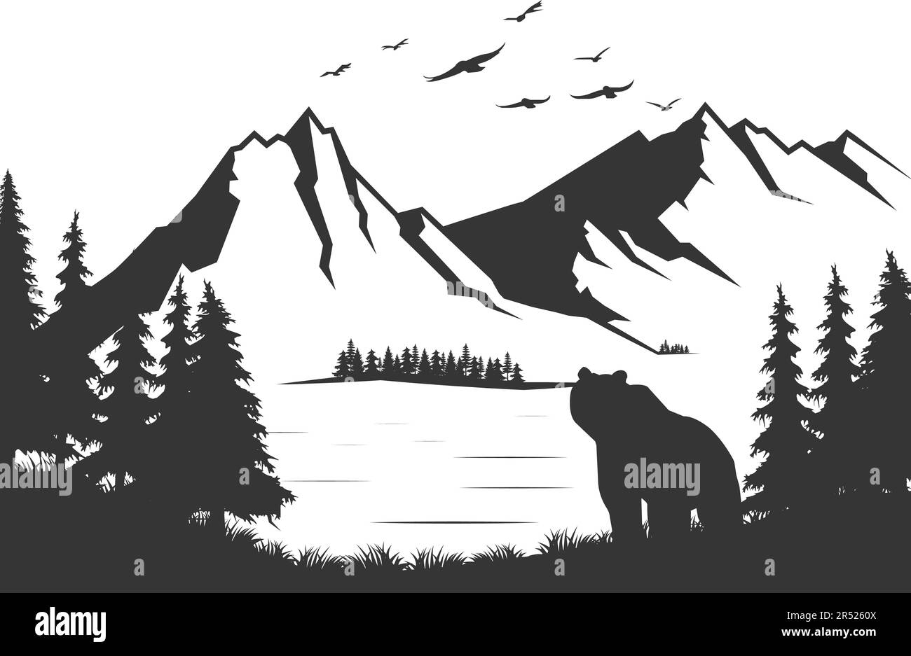 Vector illustration of silhouette nature landscape with pine trees ...