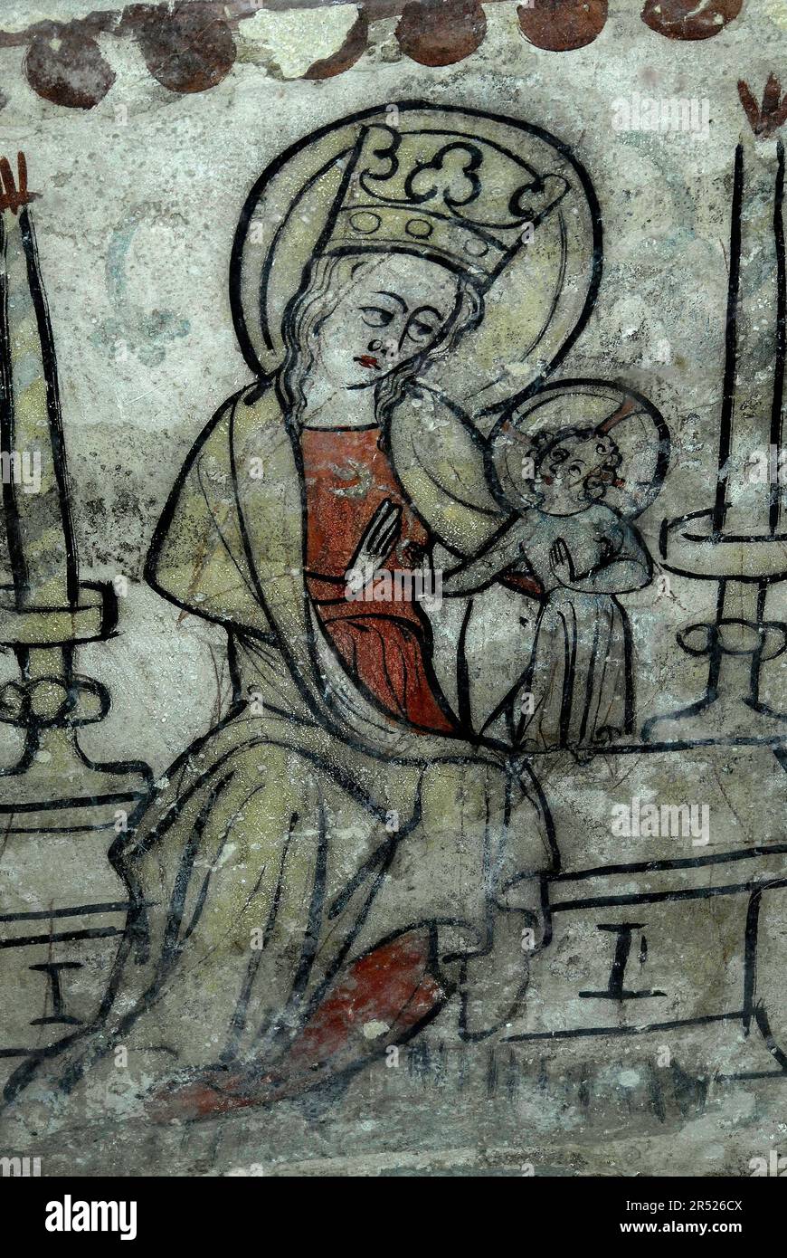 Enthroned and red-robed Madonna with Christ Child. Medieval tomb ...