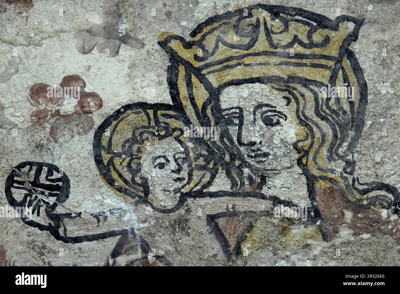 Madonna wearing a crown and Christ Child with cruciform halo. Medieval ...