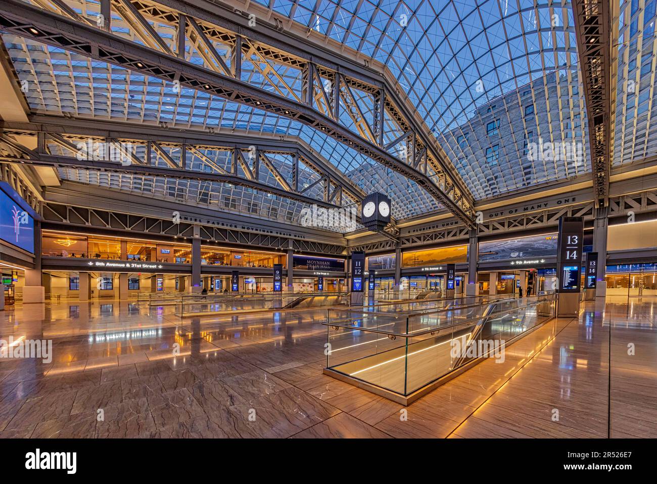 Moynihan Train - View to a desolate midtown Manhattan, New York City train station main hall ...