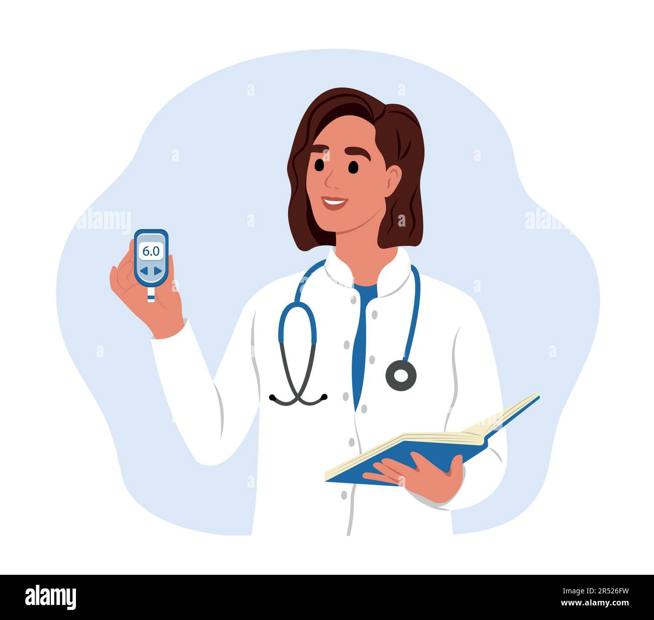 A young smiling female doctor holds a glucometer in his hands for ...