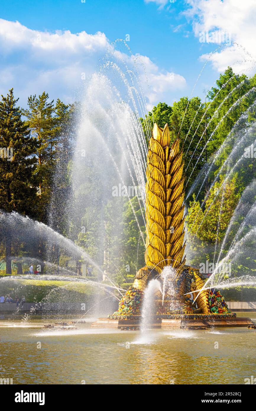Moscow, Russia - May 18, 2023: golden ear fountain. big vertical ...