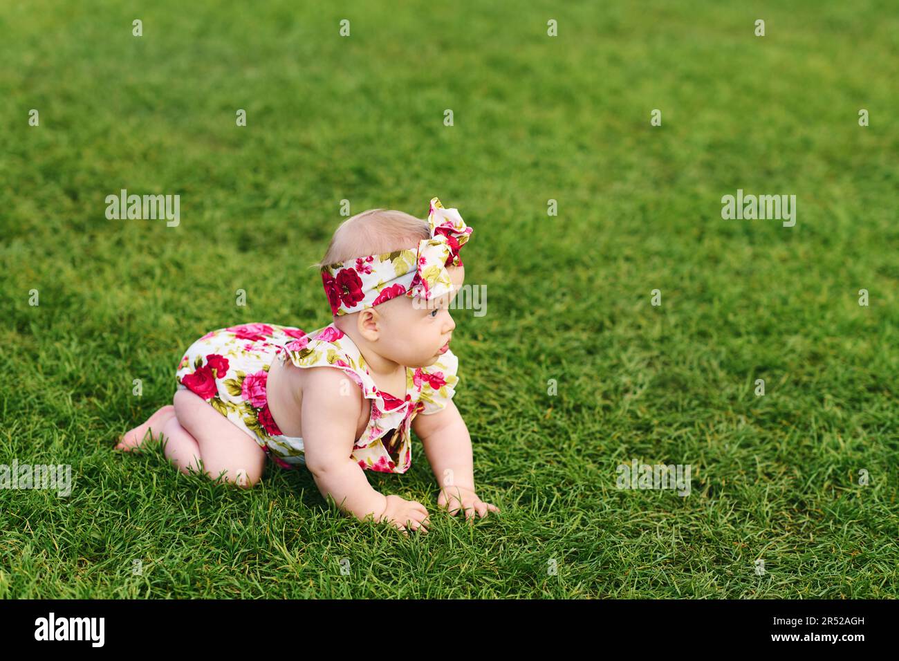 Outdoor portrait of adorable 6 months old baby girl playing in summer ...