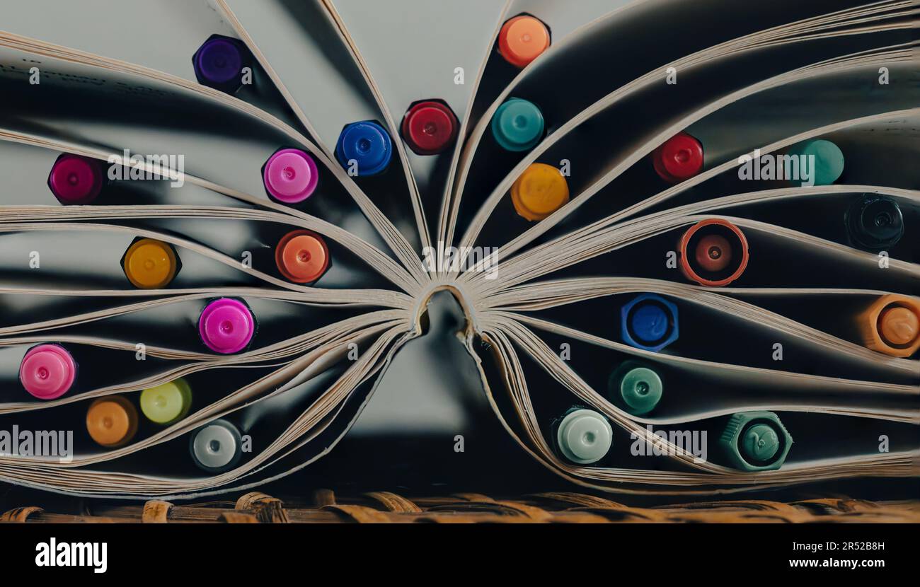 Still life arrangement of crayons and a book Stock Photo - Alamy