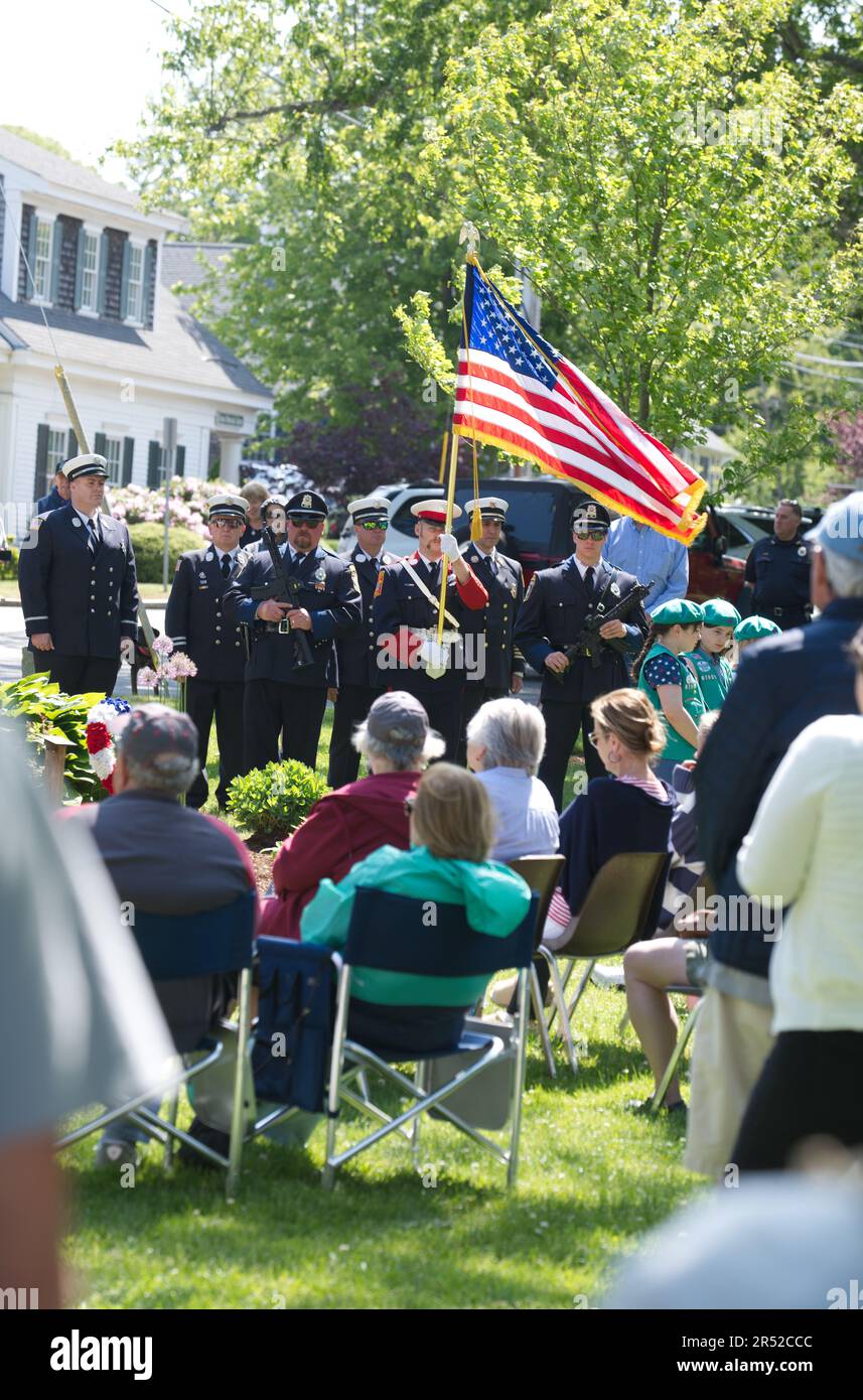 Memorial Day Event. Dennis, Massachusetts, (Cape Cod) , USA. Watching the color guard and the ...