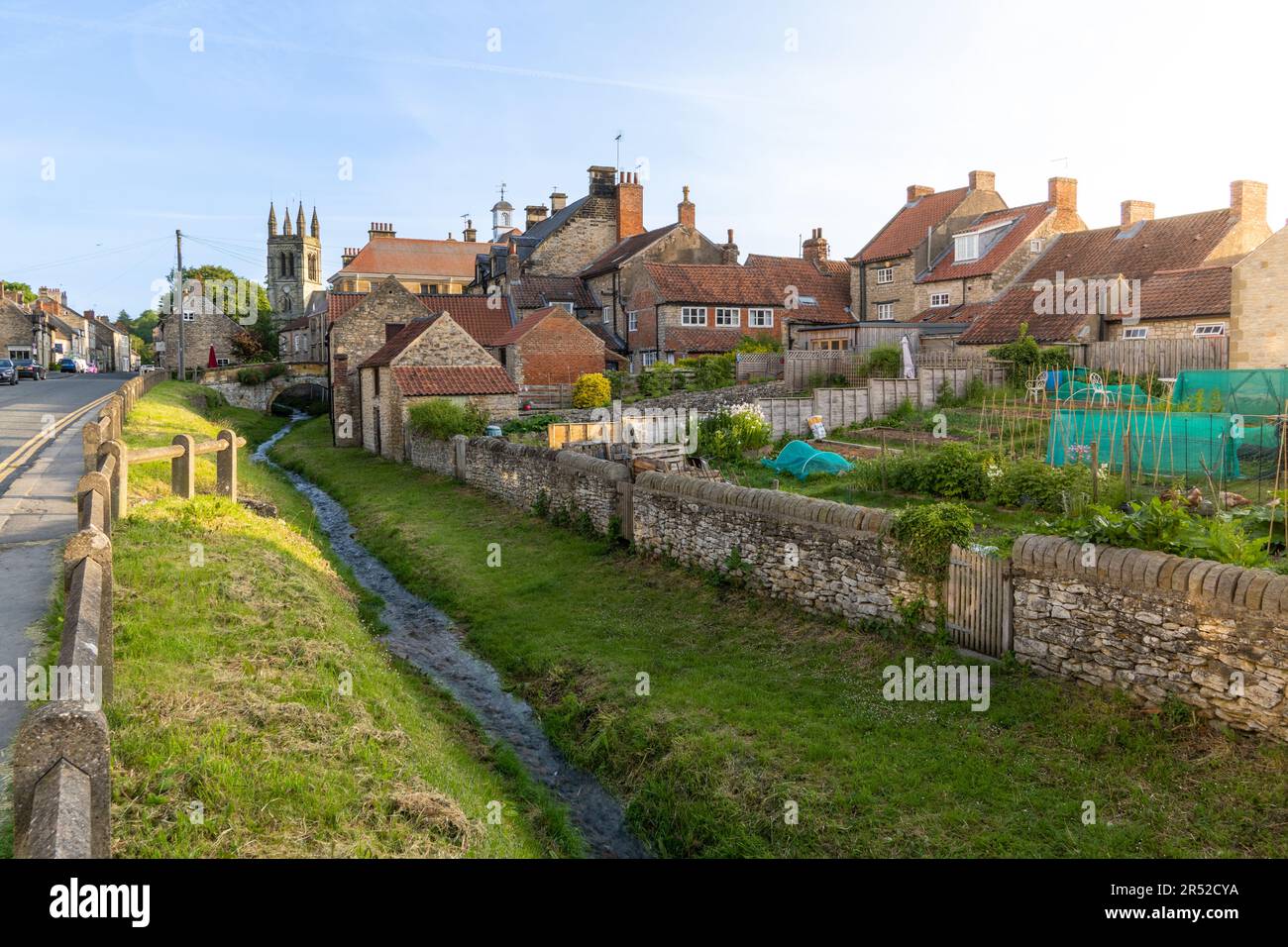 HELMSLEY, NORTH YORKSHIRE, UK - MAY 29, 2023. Local allotments nestled ...