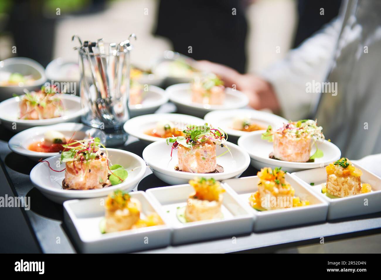 Salmon tatrare in small plates, catering event, banquet food Stock ...