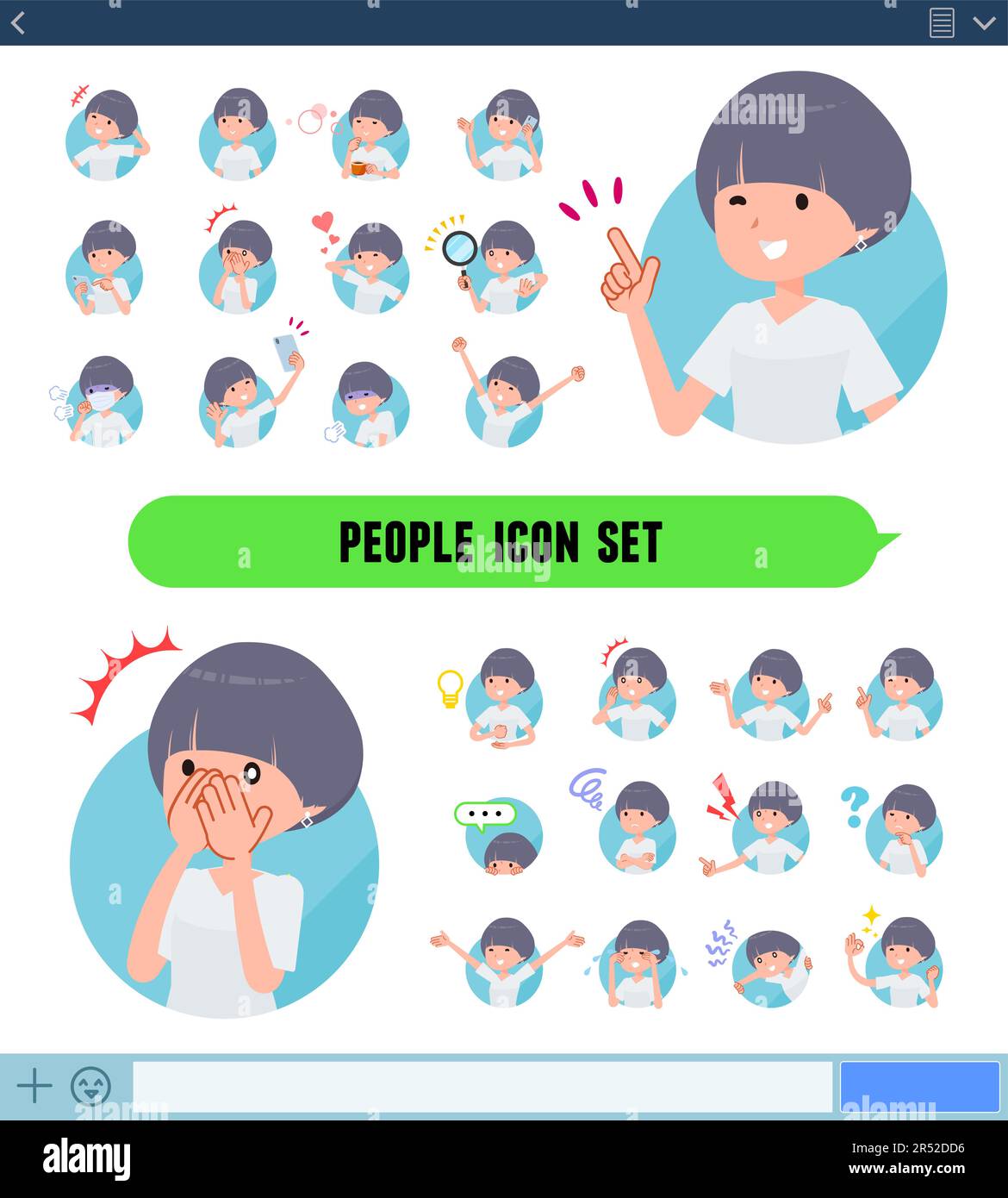 Set Of T Shirt Mush Hair Woman With Expresses Various Emotions In Icon