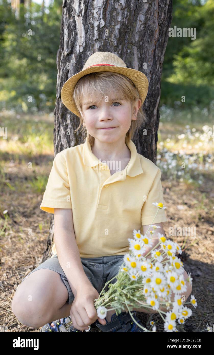 cute child boy 6 years old holding a bouquet of daisies in the forest ...