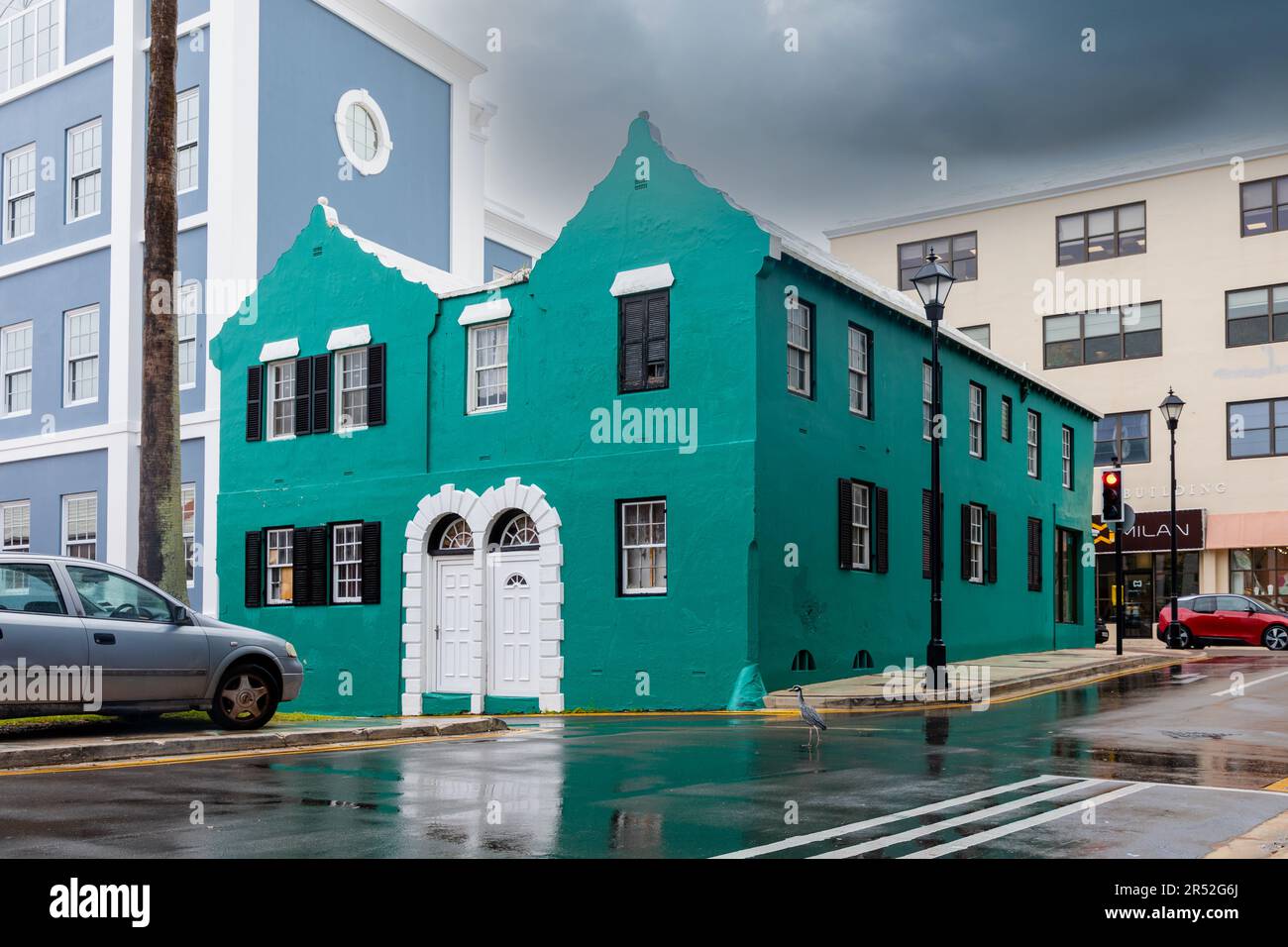 A typically colourful building is seen on a rainy day in the Bermuda ...