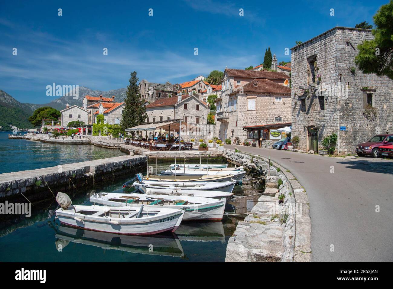 Harbour, old palaces, promenade, Perast, Bay of Kotor, Montenegro Stock ...