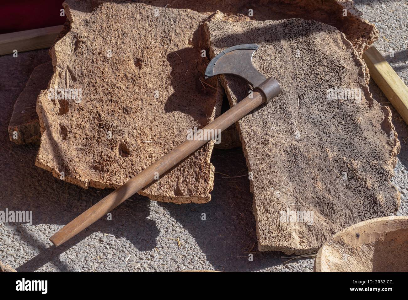 Antique axe to cut the bark of the cork oak to extract the cork Stock ...