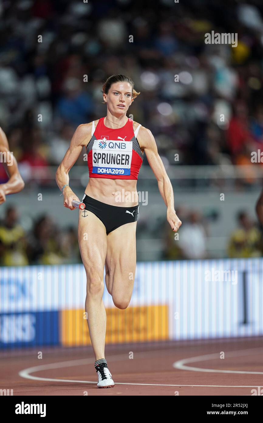 Lea SPRUNGER running the 4x400m relay at the 2019 World Athletics ...
