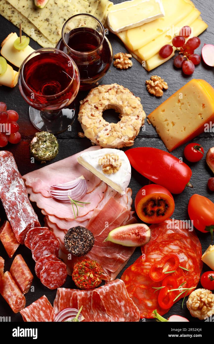 Antipasto catering platter with red wine Stock Photo - Alamy