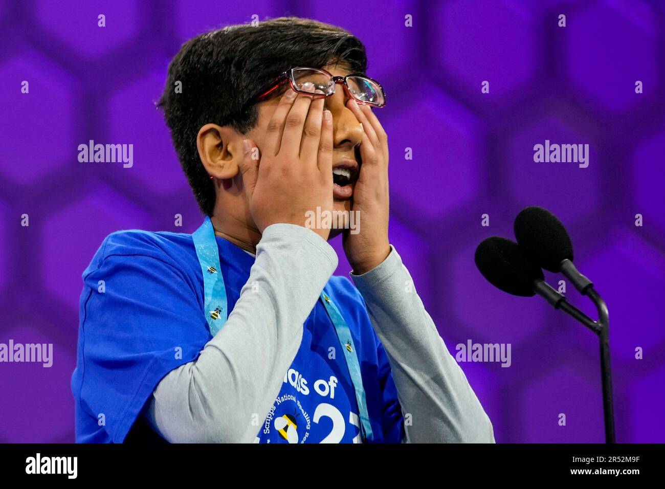 Sahil Thorat, 13, from Shreveport, La., reacts after answering ...