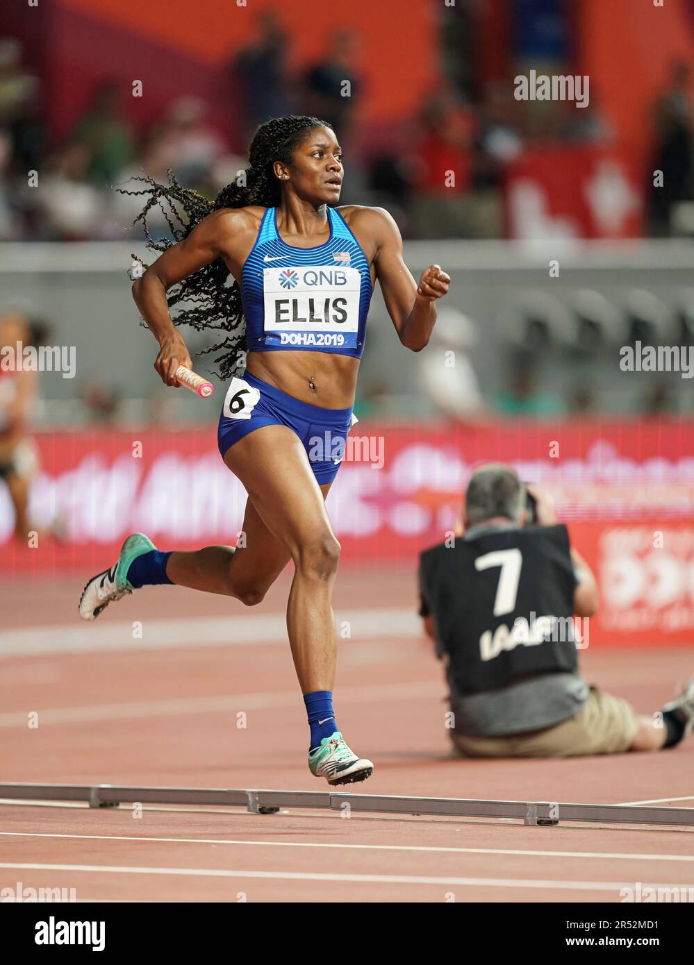 Kendall ELLIS running the 4x400m relay at the 2019 World Athletics ...
