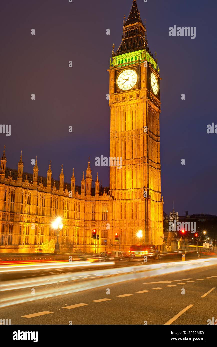 The famous Big Ben in London with light traces from moving cars Stock ...