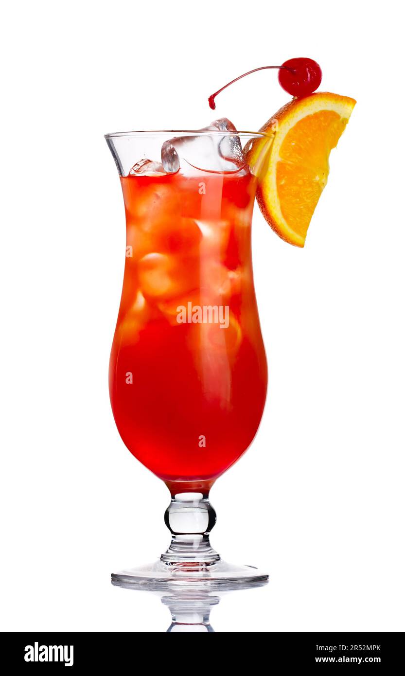 Red alcohol cocktail in with orange slice isolated on white background ...
