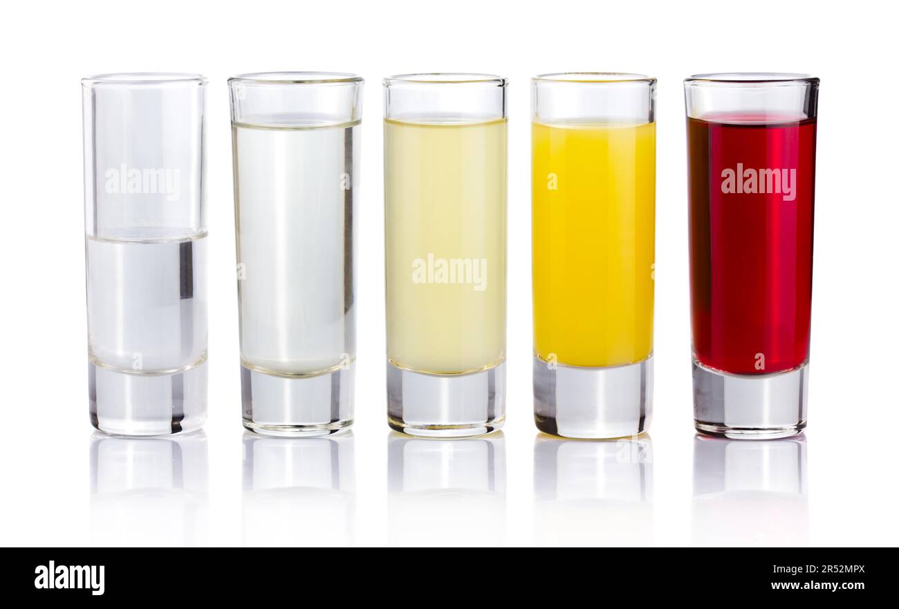 Five shot drink cocktails isolated on white background Stock Photo - Alamy