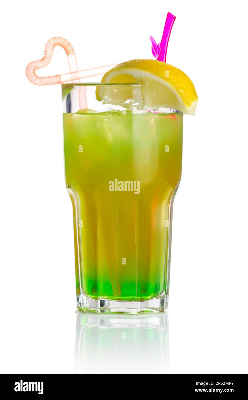 Green alcohol cocktail with lemon slice isolated on white background ...