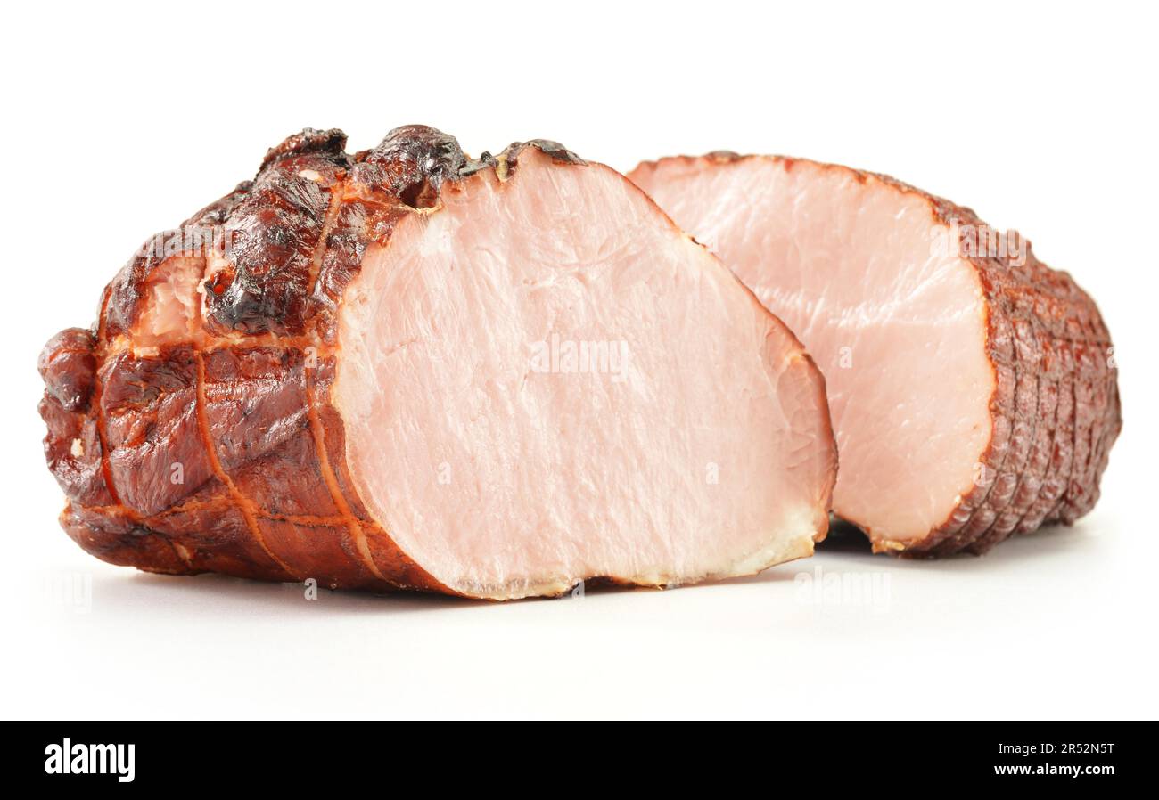 Two pieces of ham isolated on white Stock Photo - Alamy