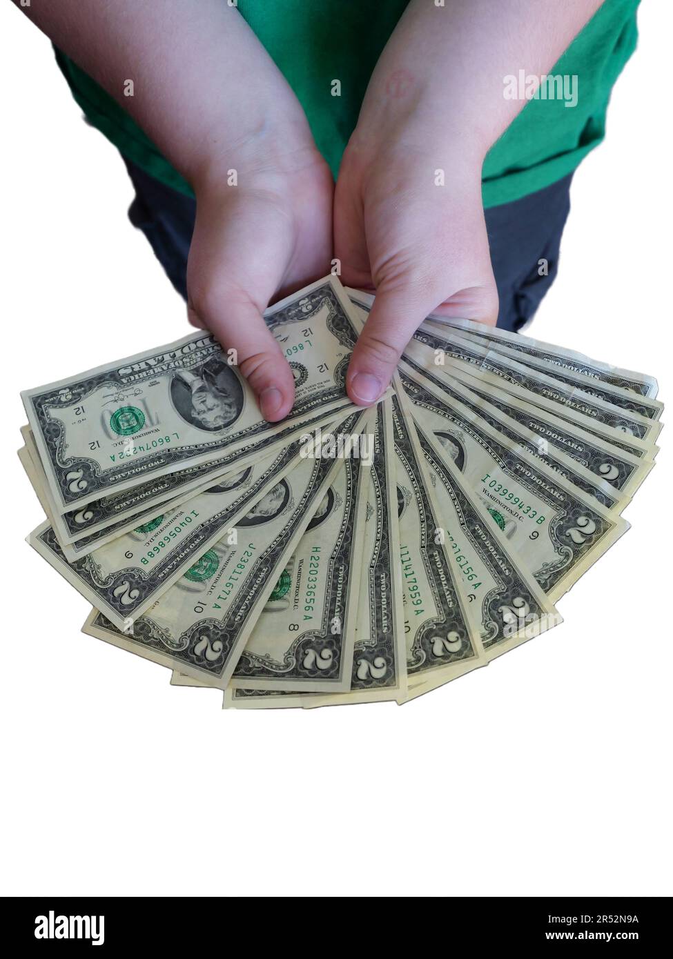 Girl Holding Large Stack of $2 Bills - Unique US Currency Stock Photo ...