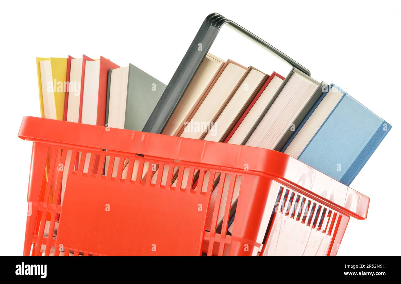Plastic shopping basket with books isolated on white Stock Photo - Alamy