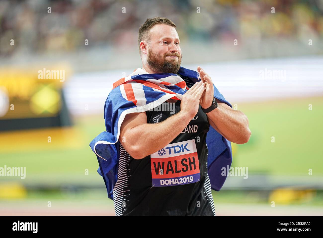 Tomas Walsh with his country's flag in the Shot Put men at the 2019 ...