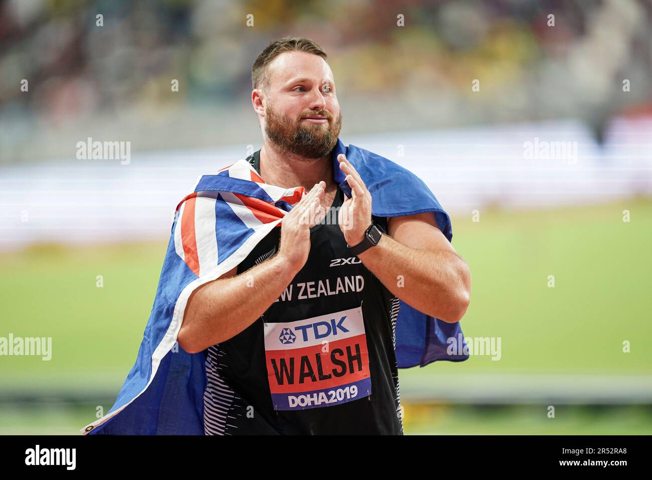 Tomas Walsh with his country's flag in the Shot Put men at the 2019 ...