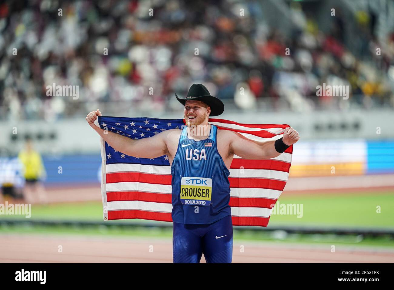 Ryan Crouser with his country's flag in the Shot Put men at the 2019 ...