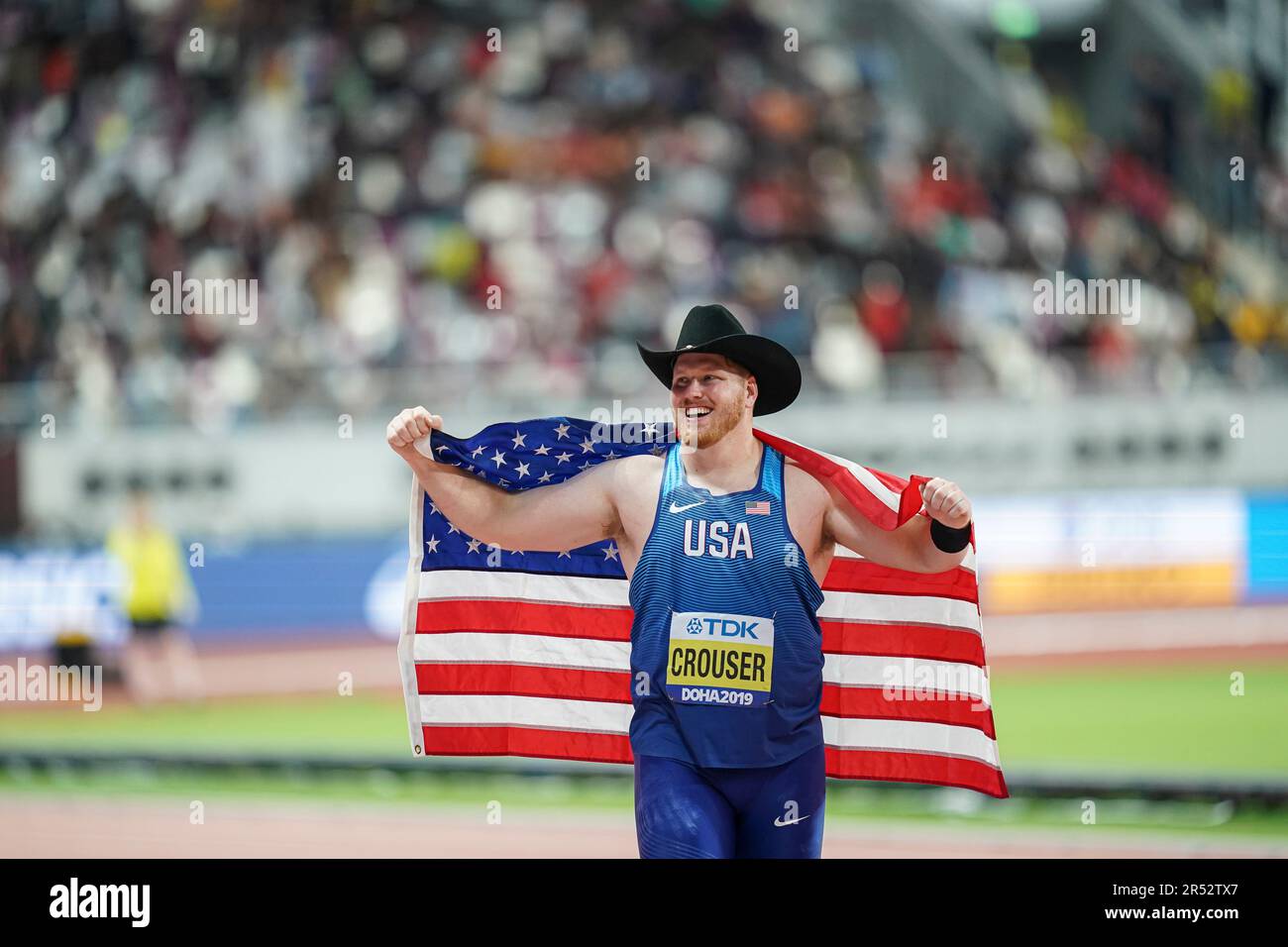 Ryan Crouser with his country's flag in the Shot Put men at the 2019 ...