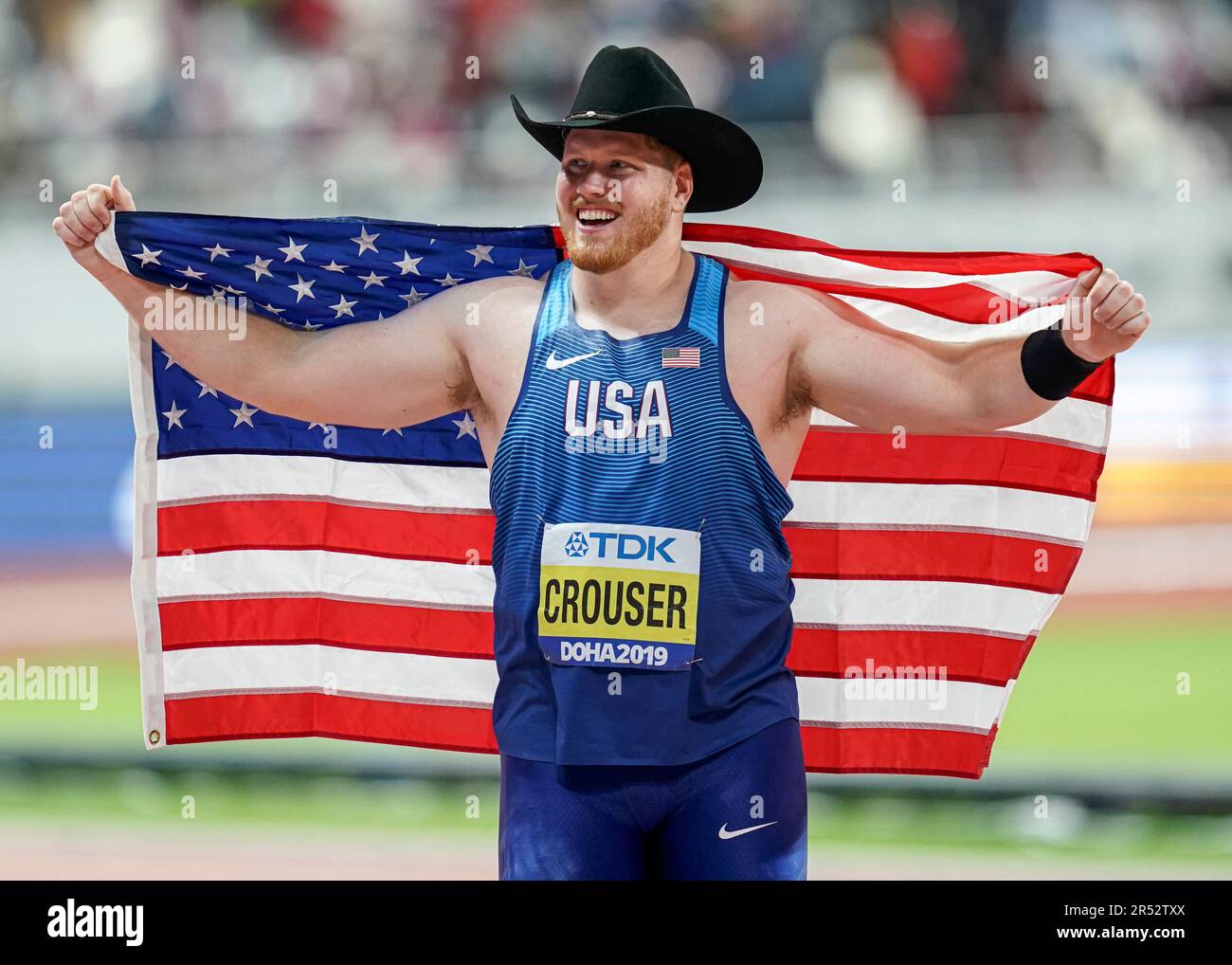 Ryan Crouser with his country's flag in the Shot Put men at the 2019 ...