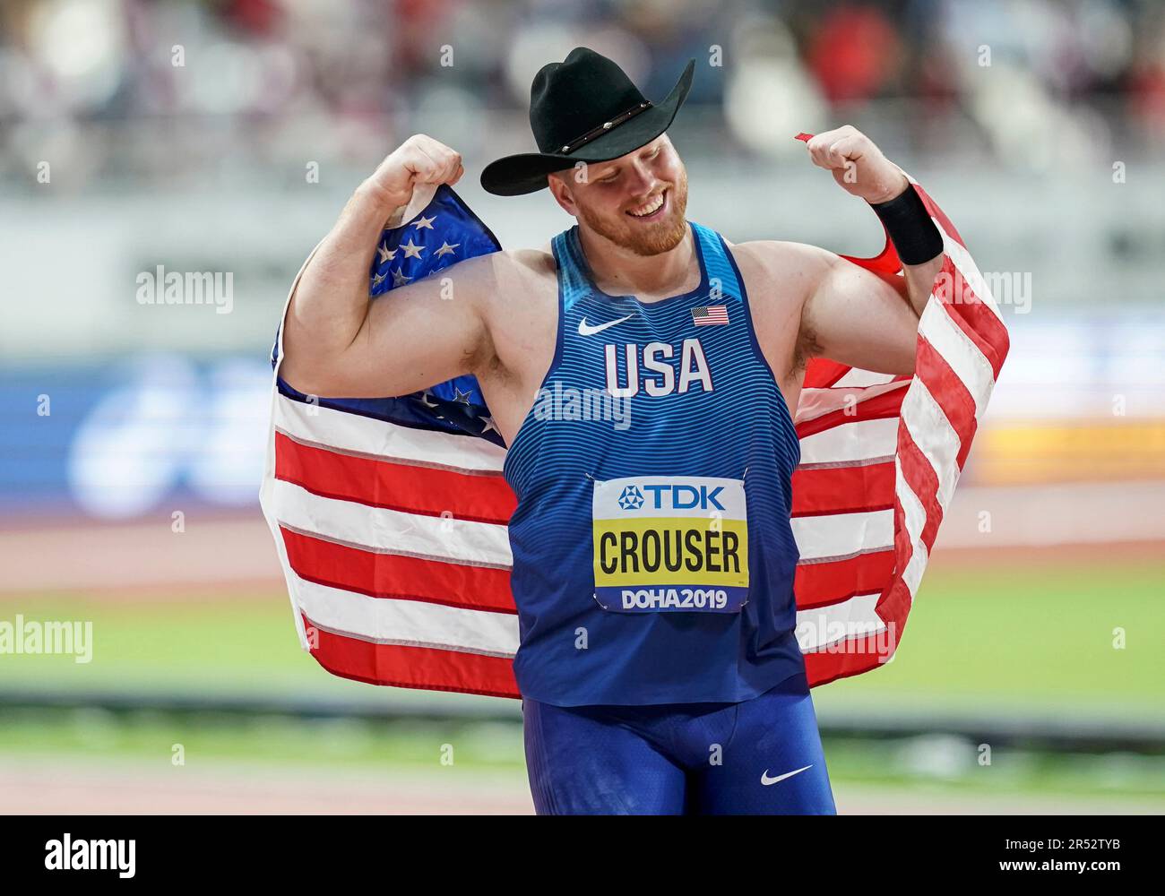 Ryan Crouser with his country's flag in the Shot Put men at the 2019 ...