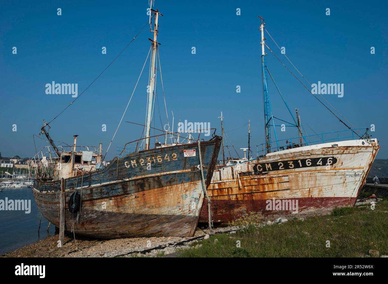 Wreck at the ship graveyard, old wooden ship, Brittany, France Stock ...