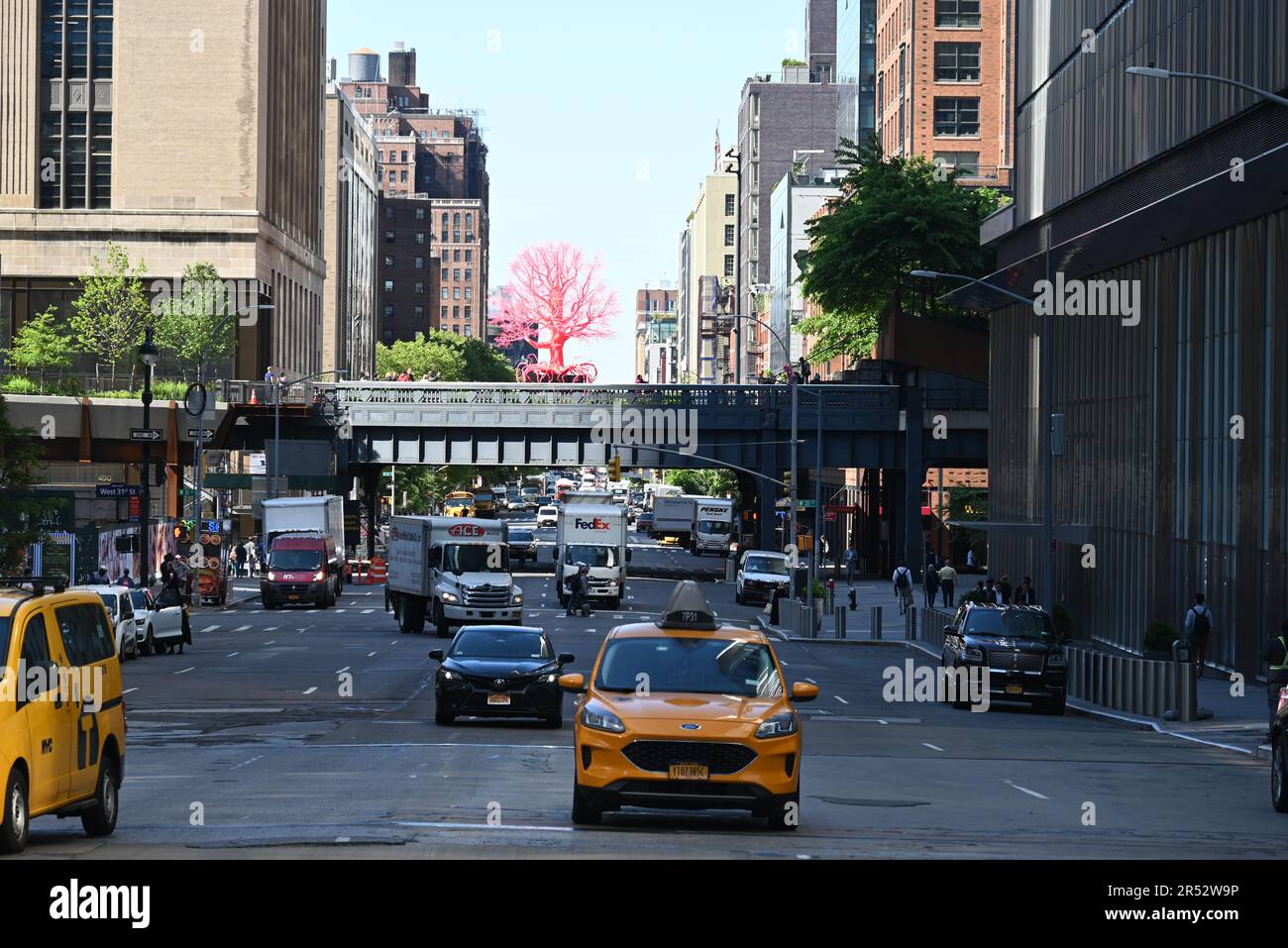 The pink "Old Tree" art installation rises above the High Line Park as ...